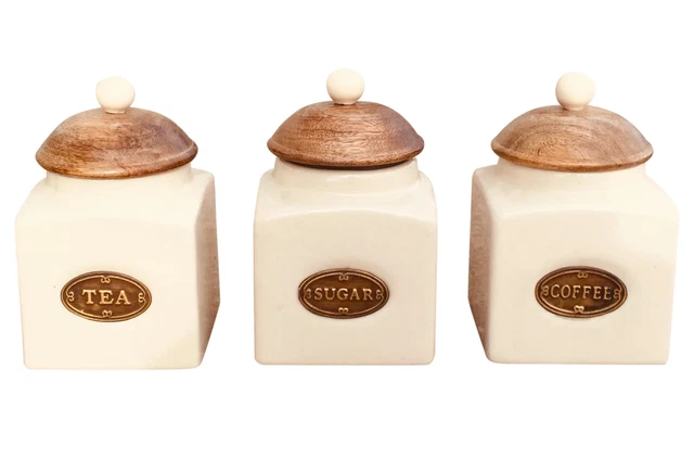 RUSTIC TEA COFFEE Sugar Ceramic Canisters Set Cream Kitchen Storage ...