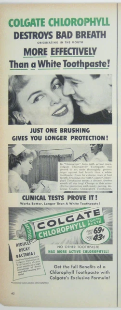 VINTAGE COLGATE CHLOROPHYLL Toothpaste Print Ad 1950s Advertising ...