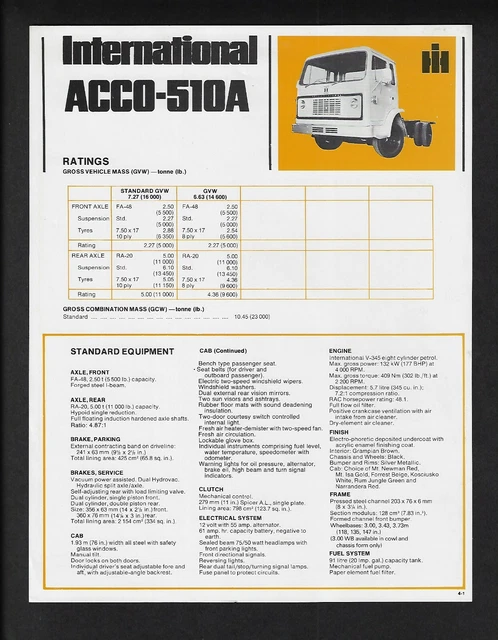 INTERNATIONAL ACCO-510A TRUCKS Specs Brochure A-98-F September 1977 $25 ...