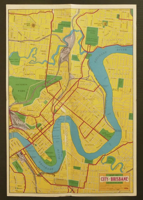 BRISBANE MAP VINTAGE 1950's Tram Routes Tourist Attractions History ...