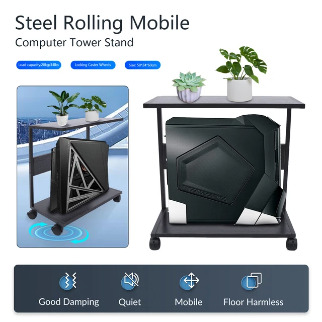 2-TIER METAL PC Desktop Holder CPU Stand Computer Tower w/ Lockable ...