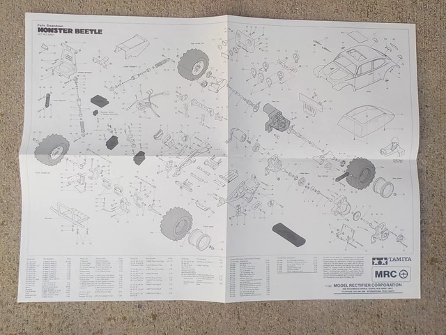 RARE 1986 TAMIYA Monster Beetle Parts Breakdown Diagram 21" x 16" 58060 ...