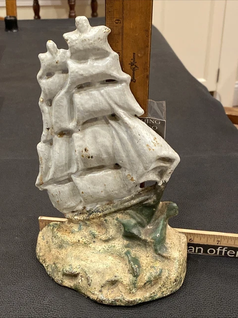 ANTIQUE CAST IRON Spanish Galleon Sailing Ship Boat Bookend Heavy Metal ...