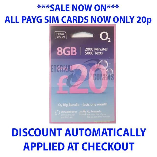 PAYG O2 BIG BUNDLE £20 SIM 8GB DATA NOW ONLY 20p (DISCOUNT AUTO APPLIED) £0.99 - PicClick UK