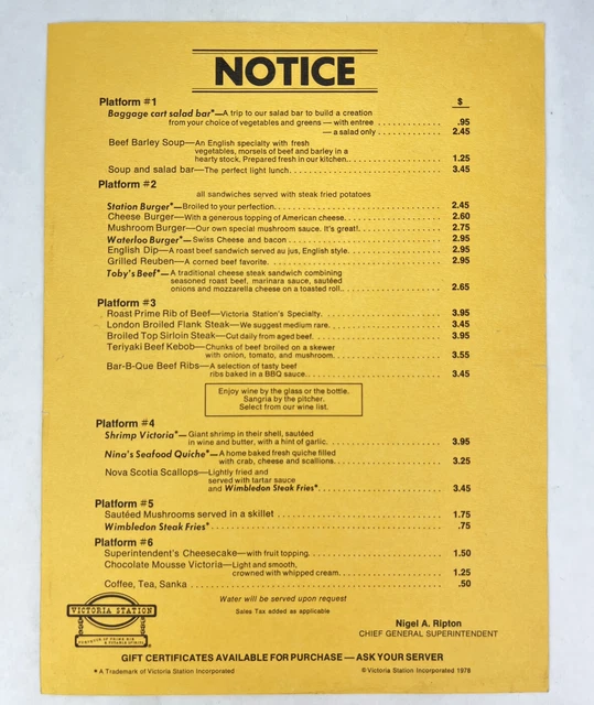 VICTORIA STATION 1978 Vintage Restaurant Menu Caledonian Railway Crieff ...