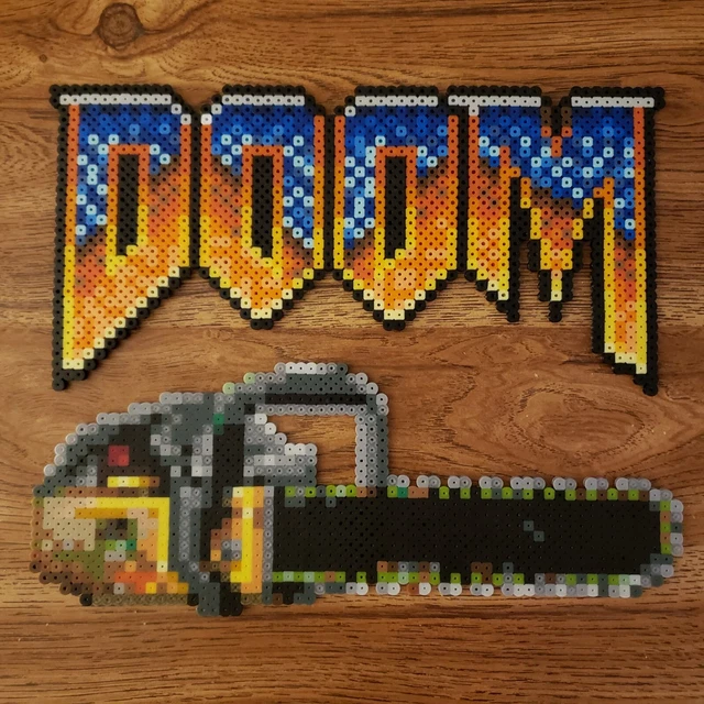 DOOM LOGO AND chainsaw perler bead pixel art PC ID software handmade ...