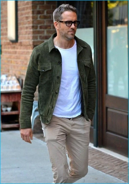 RYAN REYNOLDS GREEN Leather Trucker Jacket for Men Pure Suede Custom ...