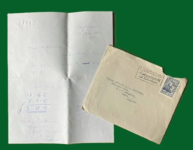 1951 LETTER CHEQUE Envelope Denmark RAF Abingdon Berkshire England ...