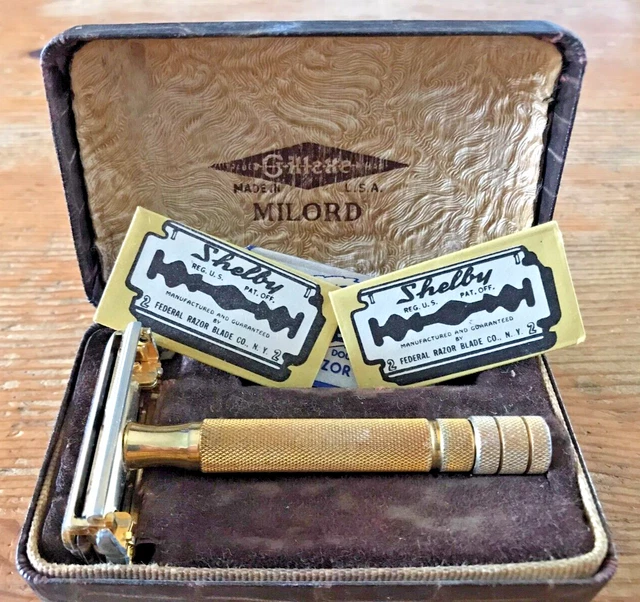 VINTAGE 1940'S GILLETTE MILORD Gold Tone Razor in Original Case w ...
