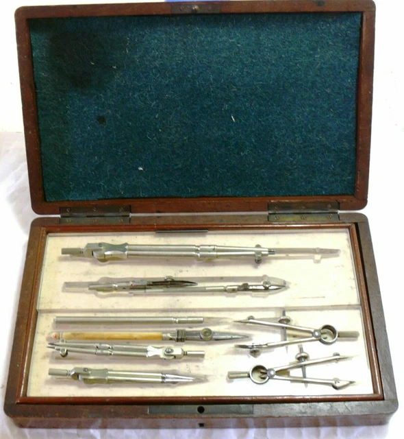 ANTIQUE VINTAGE QUALITY drawing mathematical instruments in wooden case ...