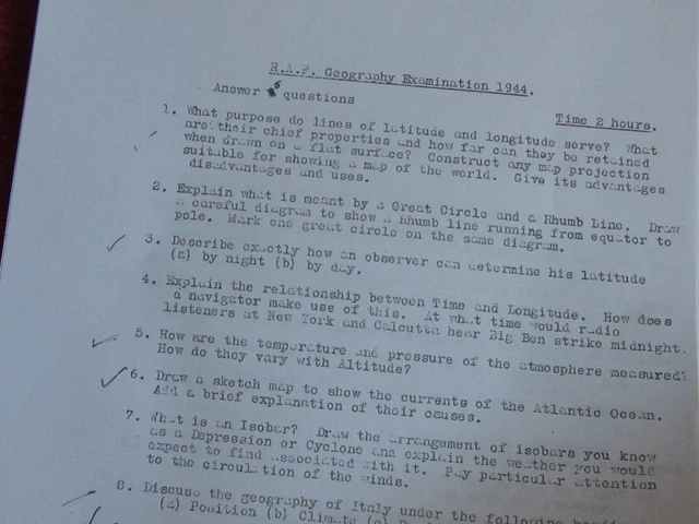 WW2 RAF EXAM PAPERS April 1944 Maths English Geography History rf-15 £4 ...