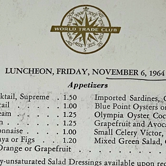 1964 WORLD TRADE Club Menu 1 Ferry Building Embarcadero San Francisco ...