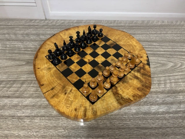 VINTAGE NATURAL WOOD Slab Live Edge Chess Board With Carved Wooden ...