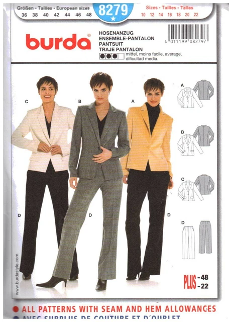 BURDA 8279 MISSES Pant Suit Jacket Sewing Pattern Sizes PLUS 10-22 EUR ...