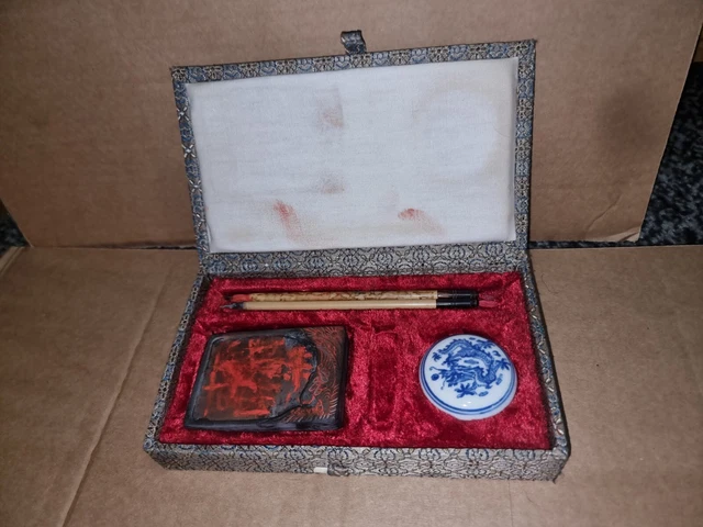 VINTAGE CHINESE VELVET Calligraphy Box Writing Set Inc Ink Pots Brush £ ...