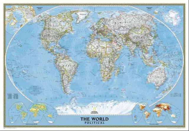 NATIONAL GEOGRAPHIC POSTER Size World Wall Map Blue Ocean Style ...