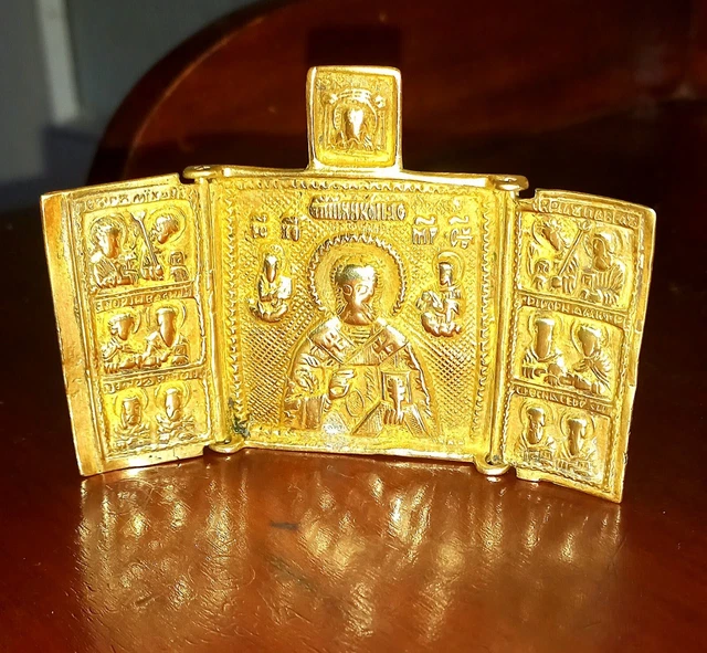 ICONE PORTABLE ANCIENNE ORTHODOXE TRYPTIQUE EN BRONZE DORE XIXe siècle ...
