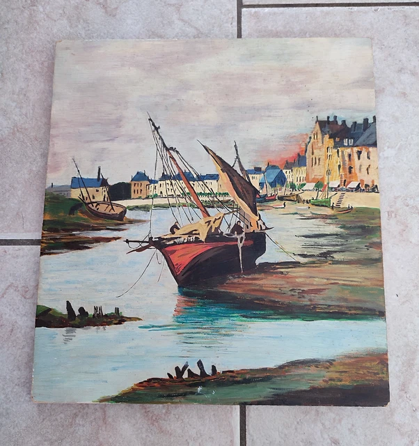 ANCIEN TABLEAU PEINTURE Marine Huile Sur Bois : Pecheur Navire Bateau Port EUR 39,99 - PicClick FR