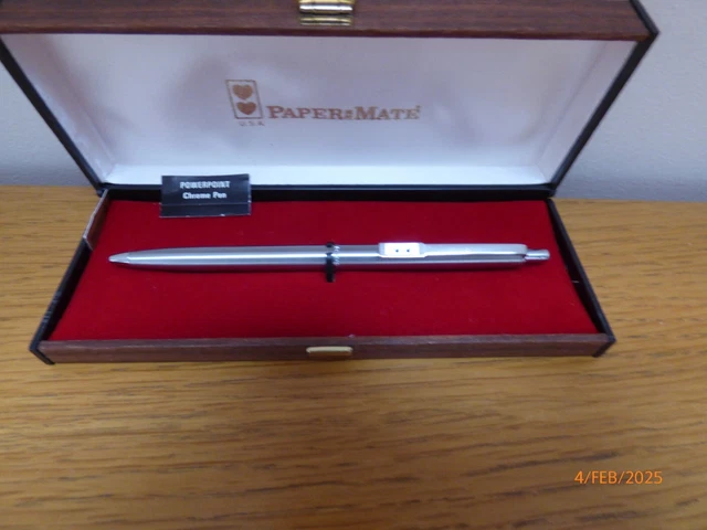 VINTAGE PAPERMATE POWERPOINT Chrome Ballpoint Pen in Presentation Case ...