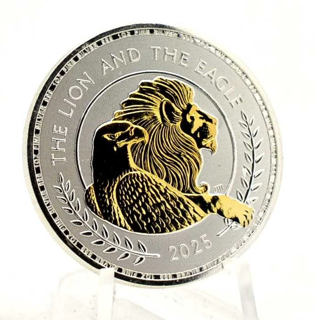 1 OZ SILVER UK 2025 The Lion and the Eagle Silver Gilded in Capsule £57 ...