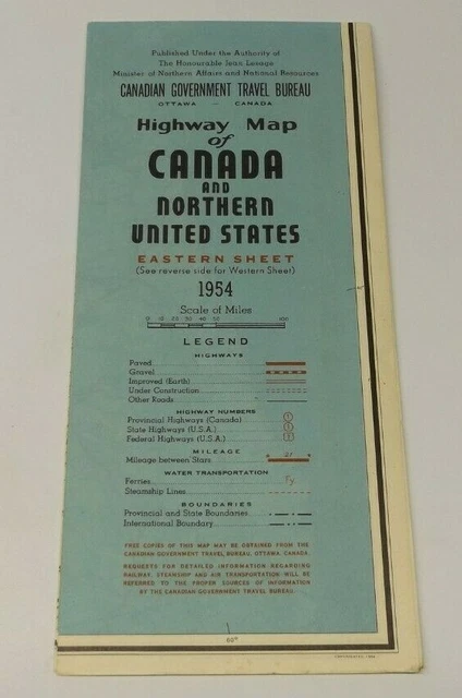 VINTAGE HIGHWAY MAP of CANADA & Northern United States 1954 aprox 20 x ...