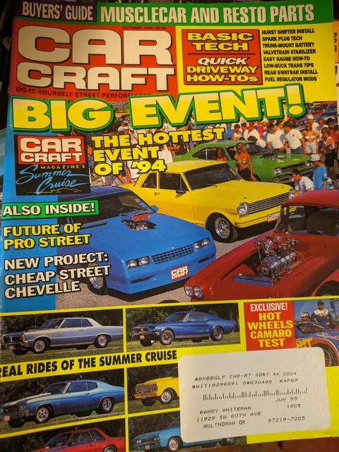 CAR CRAFT MAGAZINE October 1994 Summer Cruise Musclecar Resto No Label ...