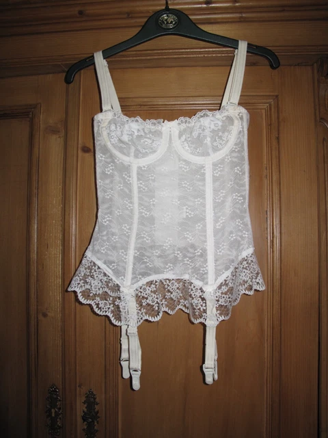 VTG 80S WHITE Lace Basque 34B Autumn Leaf Wired Cups Boned Shaping ...