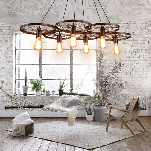 6 HEADS E27 Industrial Retro Wheel Chandelier Ceiling Lamp Chariot ...