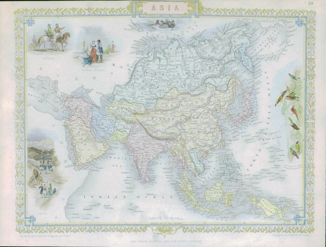 1850 RARE ANTIQUE Map of "ASIA" CHINA ARABIA RUSSIA Siam by TALLIS ...