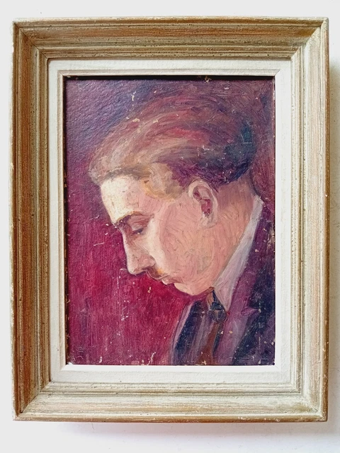ANCIEN TABLEAU PORTRAIT d'HOMME de profil tête penchée peinture visage ...