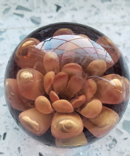 VINTAGE SMALL ORANGE Flower Art Glass Paperweight. HANDCRAFTED 1970s ...