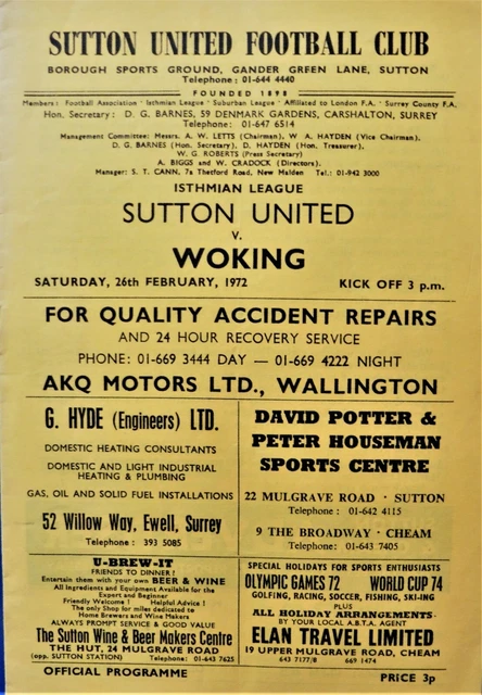 SUTTON UNITED V Woking, 5 May 1992, Isthmian League (Loctite) Cup final ...