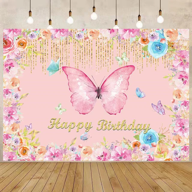 FLOWER BUTTERFLY HAPPY Birthday Backdrop Banner Photo Background Party ...