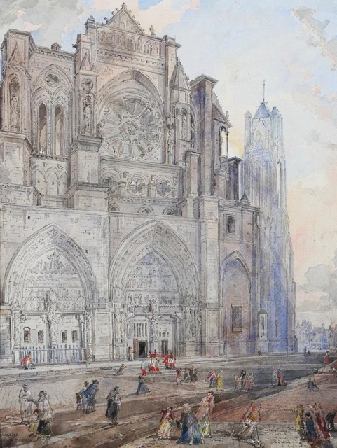 LOUIS THIENON DRAWING Cathedral Reims Viollet-le-Duc Landscape ...