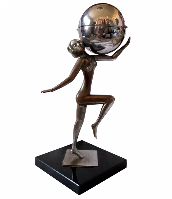 Vintage Art Deco 1930s Chrome And Vitrolite Nude With Globe Cocktail