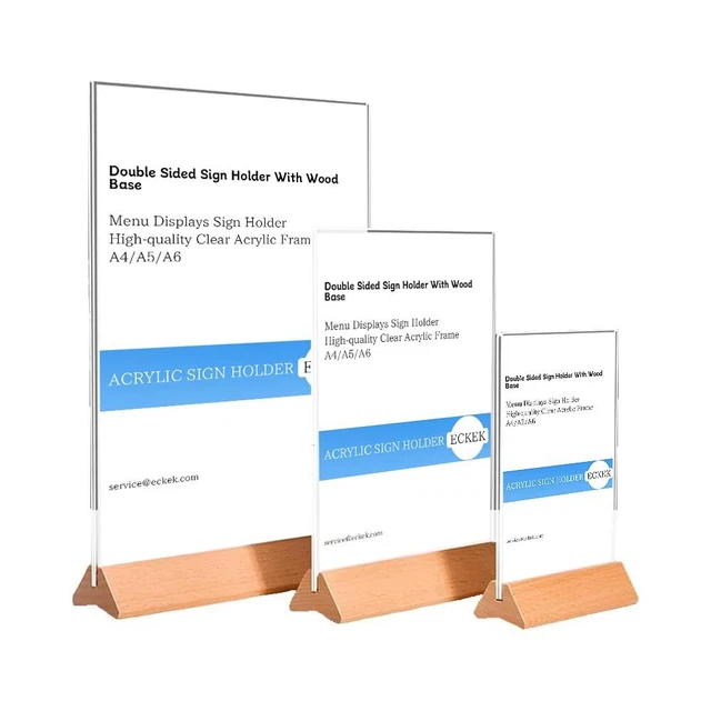 ACRYLIC SIGN HOLDER A4/A5/A6 Menu Displays T/L Shape Wood Base Table ...