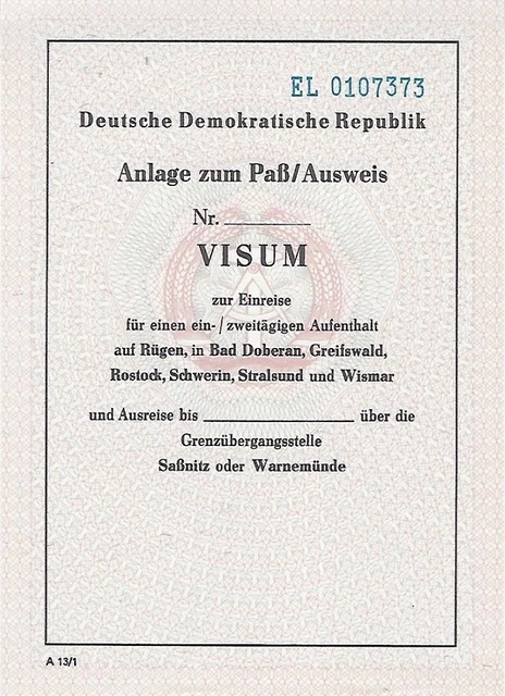 DDR MFS STASI Grenze PKE Anlage zum Paß / Ausweis VISUM A13/1 Serie EL ...
