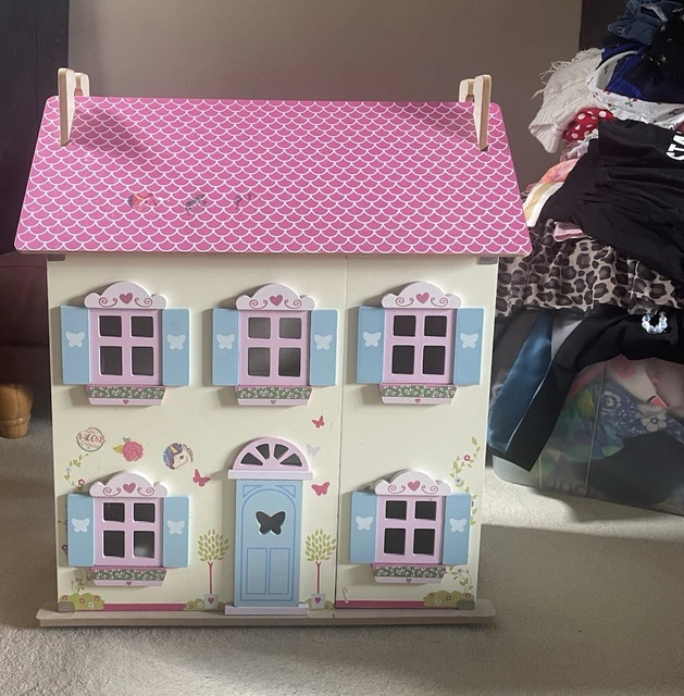 LARGE DOLL'S HOUSE Pink Roof, 2-Storey 2 Rooms, Furnished Set. £21.49 ...