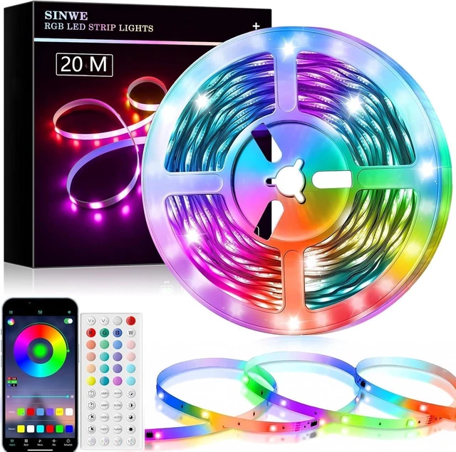 SINWE LED STRIP Light 20M, Music Sync Lights with 44 Keys Remote and ...