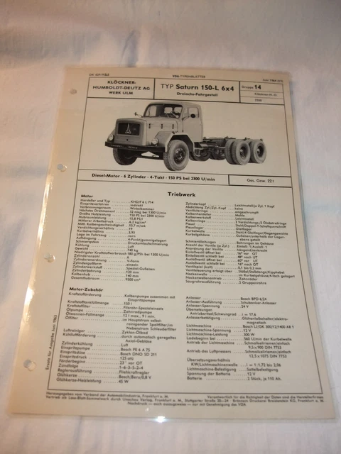 VDA-TYPENBLATT OLDTIMER DATENBLATT Klöckner Humboldt Deutz Saturn 150-L ...
