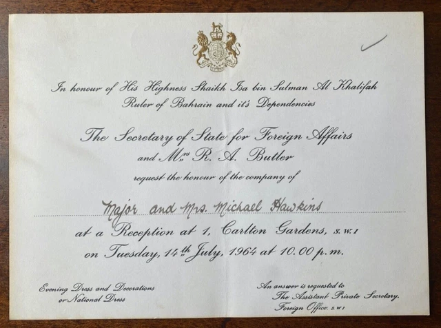 ANTIQUE ROYAL INVITATION Carlton Garde Queen Elizabeth Sheikh Al ...