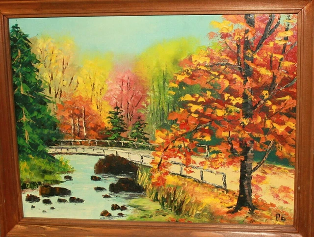TABLEAU ANCIEN HUILE impressionniste paysage d'un pont forestier EUR 155,05 - PicClick FR