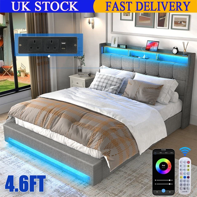 METAL BED FRAME STORAGE GAS LIFT UP DOUBLE 4FT6 BED WITH LED LIGHTS ...