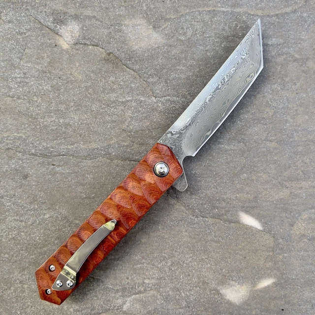 COUTEAU PLIANT ACIER Damas Manche En Bois Lame Tanto Tactique Survie ...