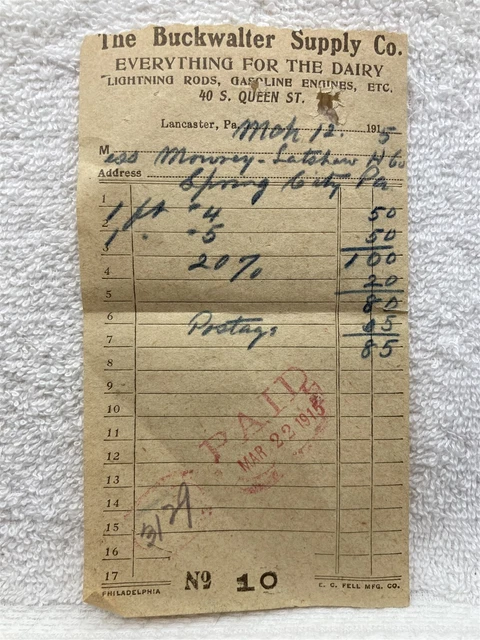 1915 BUCKWALTER SUPPLY Company paratonnerre laitier essence Lancaster ...