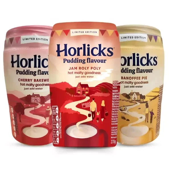 HORLICKS MALTED DRINKS Pudding Flavour, Jam, Cherry & Banoffee Pie 270g ...