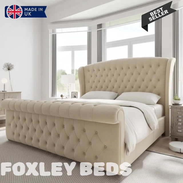 TULIP WING SLEIGH Bed Frame Winged Plush Velvet With Mattress and ...