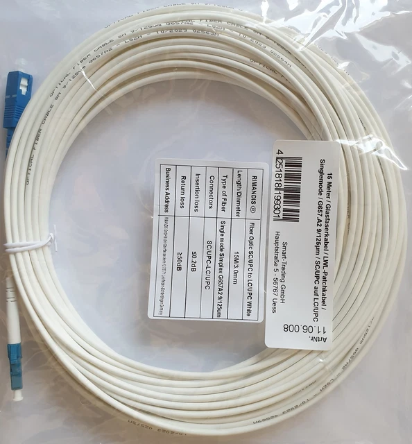 15M LWL GLASFASER-KABEL SC/UPC auf LC/UPC, Simplex 9/125μm, Patchkabel ...