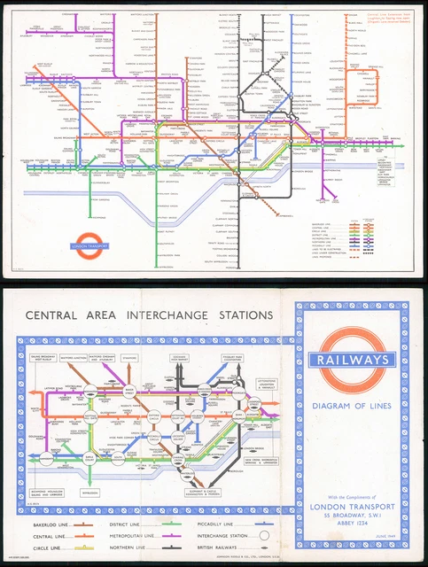 1949 ORIGINAL LONDON TRANSPORT RAILWAYS Underground Map by Harry Beck ...