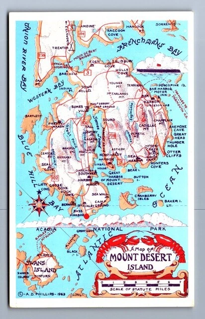 1963 MAP OF MOUNT DESERT ISLAND, HANCOCK COUNTY, ME MAINE Postcard P19 ...